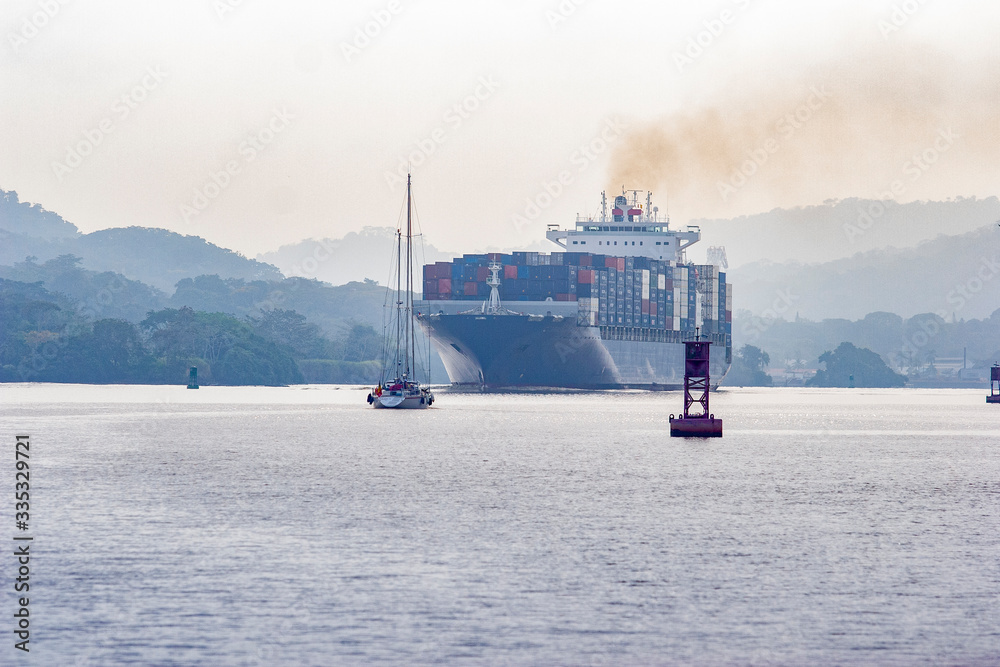 Balboa, Panama, 02-03-2020 sailing yachts and Cargo ship passing the ...