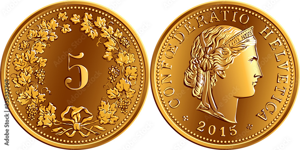 5 centimes coin Swiss franc, 5 in wreath of grapes on reverse, head of ...