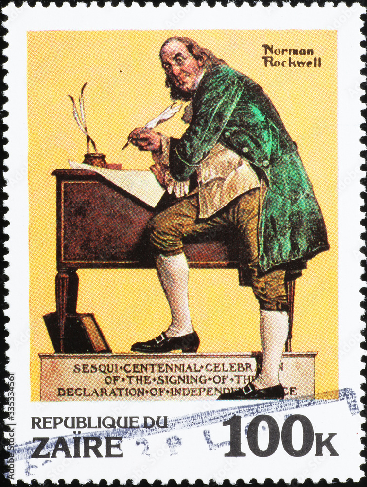 Benjamin Franklin signing Declaration of Independence, illustration by ...