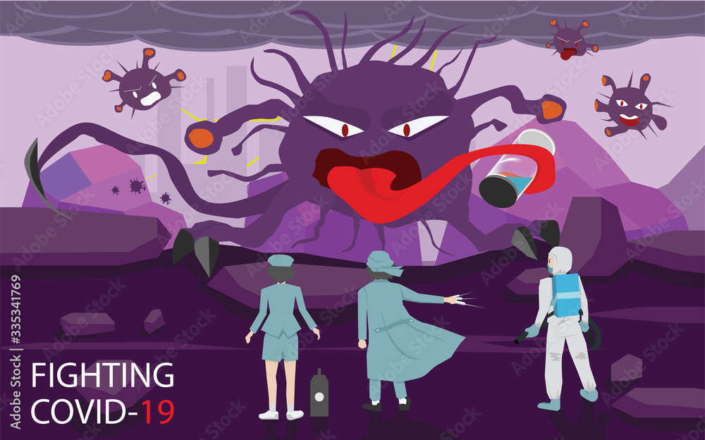 Concept cartoon vector. Final route of doctor team fight with monster ...