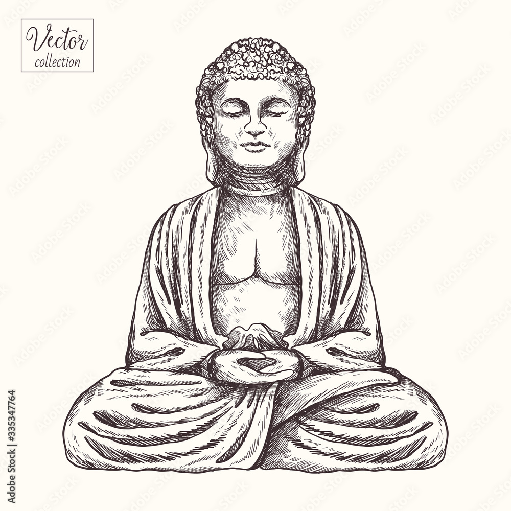 Buddha. Religious statue. Vector hand drawn illustration. The symbol of ...