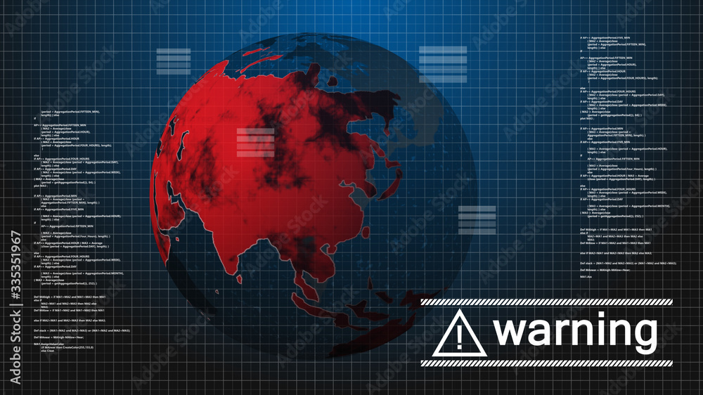 World map globe crisis virus spread pandemic warning sign sci-fi HUD UI ...