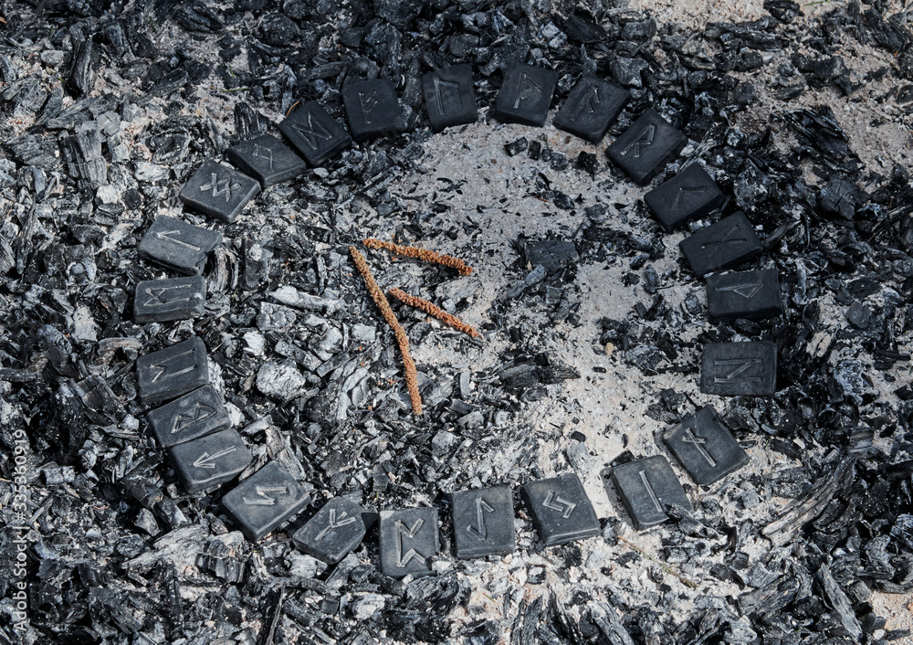 Norse rune Ansuz on ashes backgorund inside the circle of 24 Norse ...