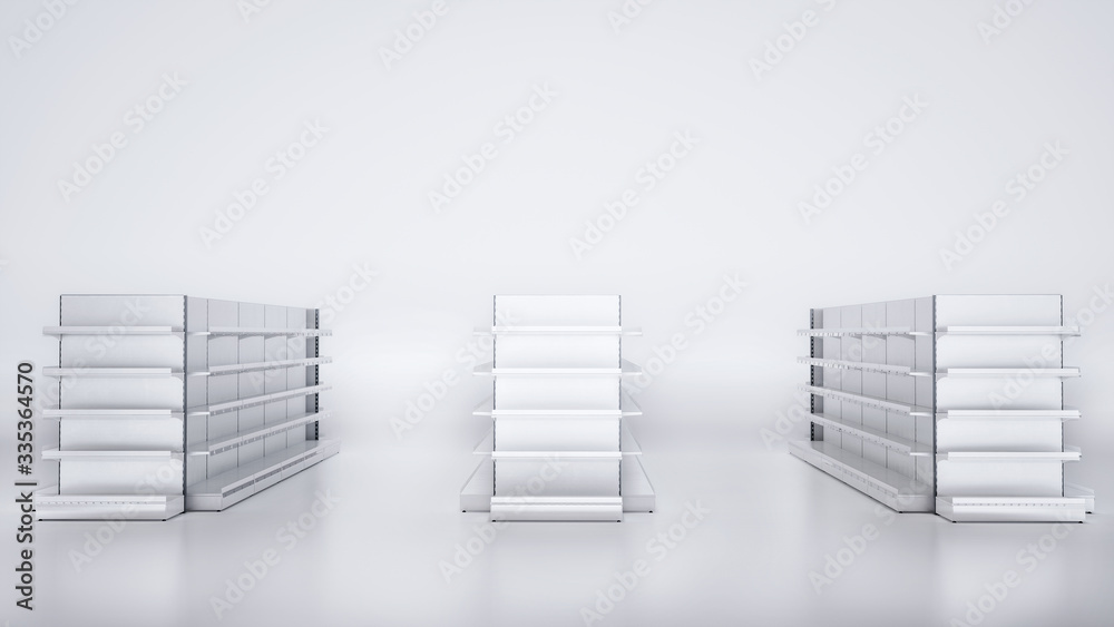 3D image front view of grocery empty shelves staying in three rows on ...