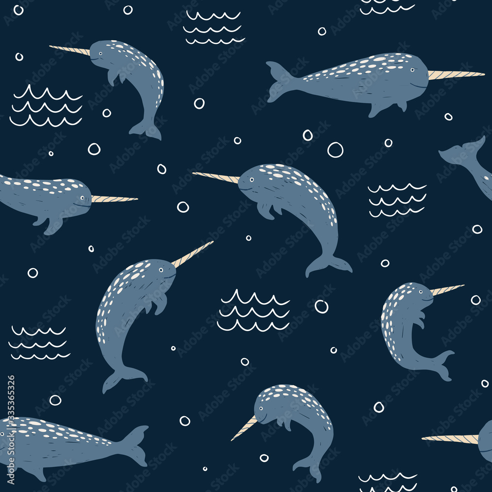 Narwhal vector seamless pattern. Cute hand draw pattern for kids on ...