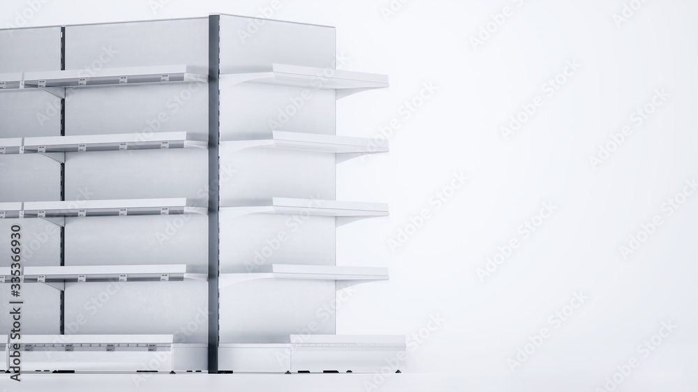 3D image side view of grocery empty shelves staying in a row with Front ...