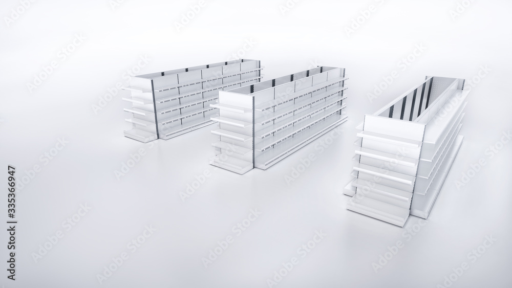 3D image over top side view of grocery empty shelves staying in three ...