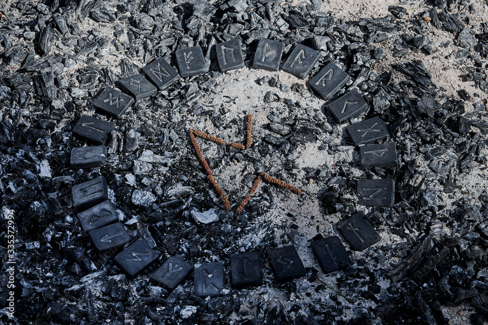 Norse rune Pertho on ashes backgorund inside the circle of 24 Norse ...