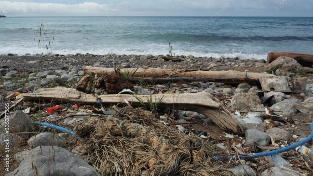 Clogged seashore amid tidal waves. Ecological tragedy of water and land ...