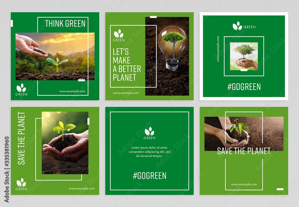 Social Media Post Layout Set with Green Accents Stock Template | Adobe ...