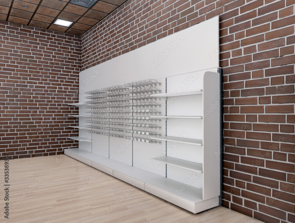 3D image side view of five grocery shelves in a row with topper, big ...