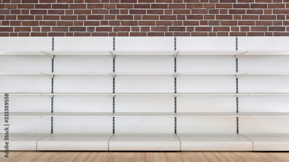 3D image front view of five in a row grocery shelves inside premium ...