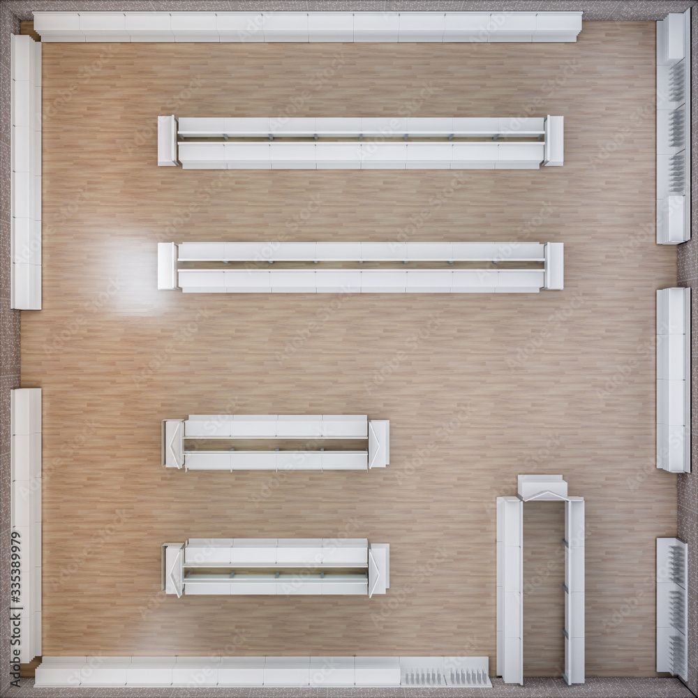 3D image top flat angle view of grocery shelves in premium supermarket ...
