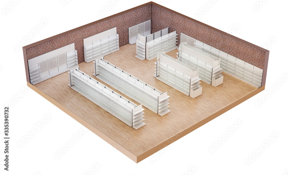 3D image isometric top side view of grocery shelves in premium ...