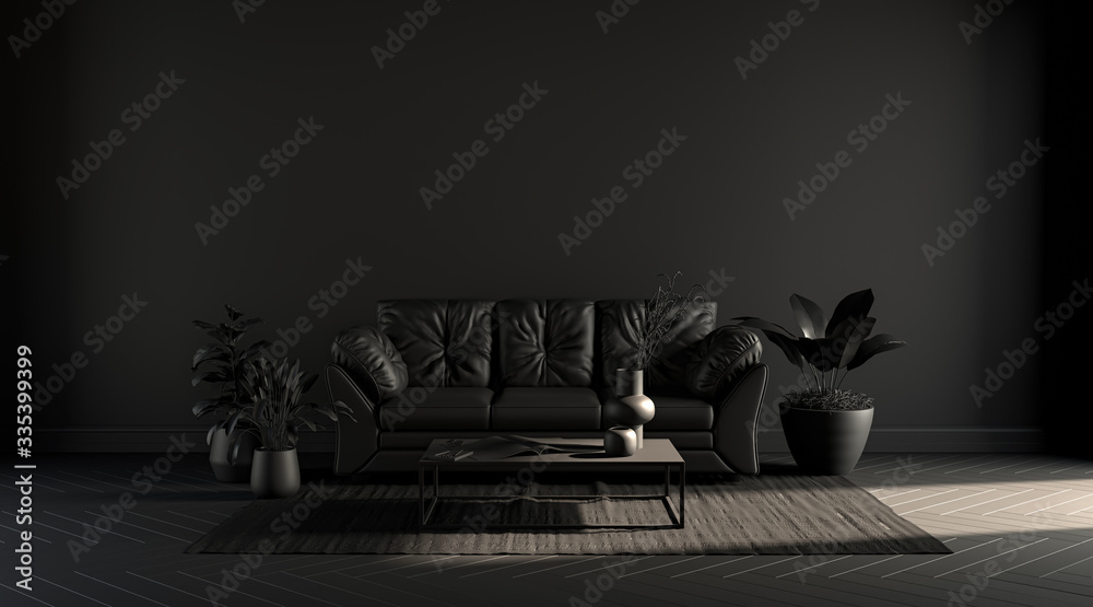 Dark room, poster background with empty wall, sofa, chair, plant ...