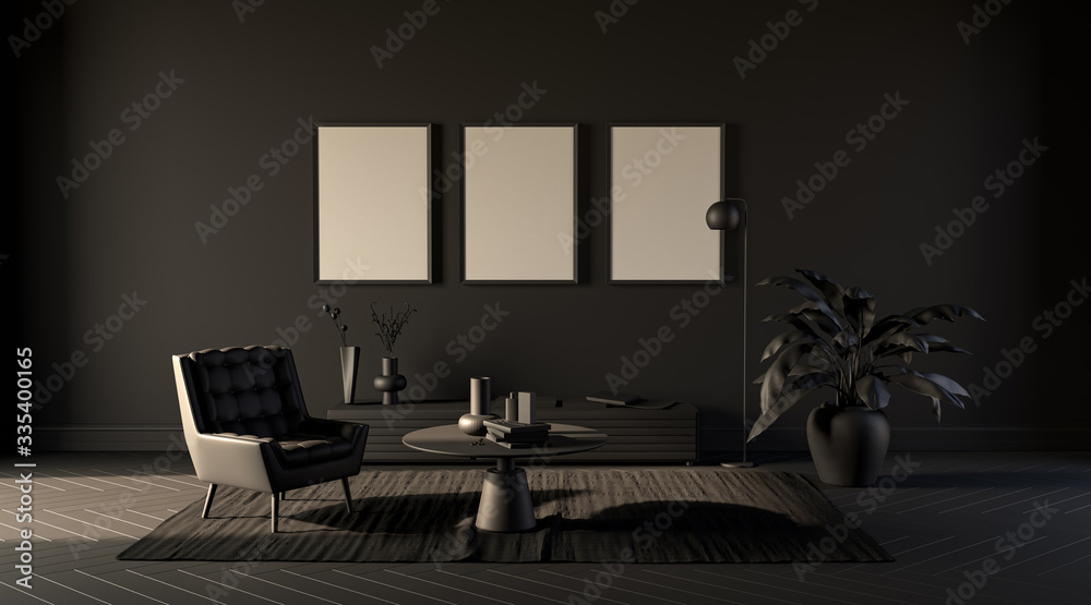 Dark room in plain monochrome grey tones with tv set,chair,plants and ...