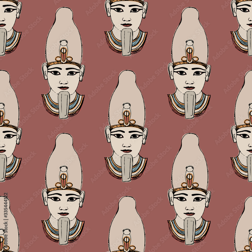 Seamless repeating pattern with portraits of ancient Egyptian pharaoh. Heads of god Osiris. Hand ...