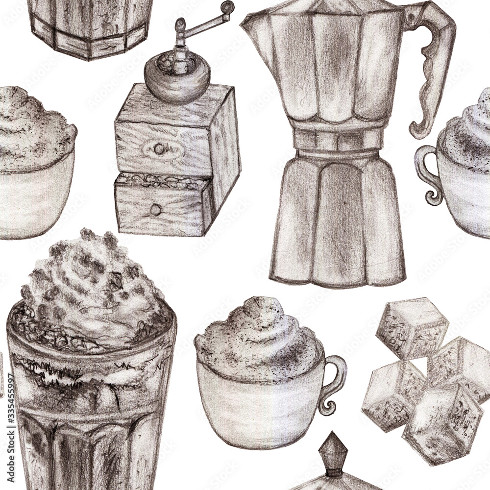 Pencil sketch illustration coffee cafe collection maker ginder drip and ...