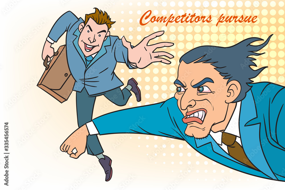 Comparative picture. When businesses are chased by competitors.Pop art ...