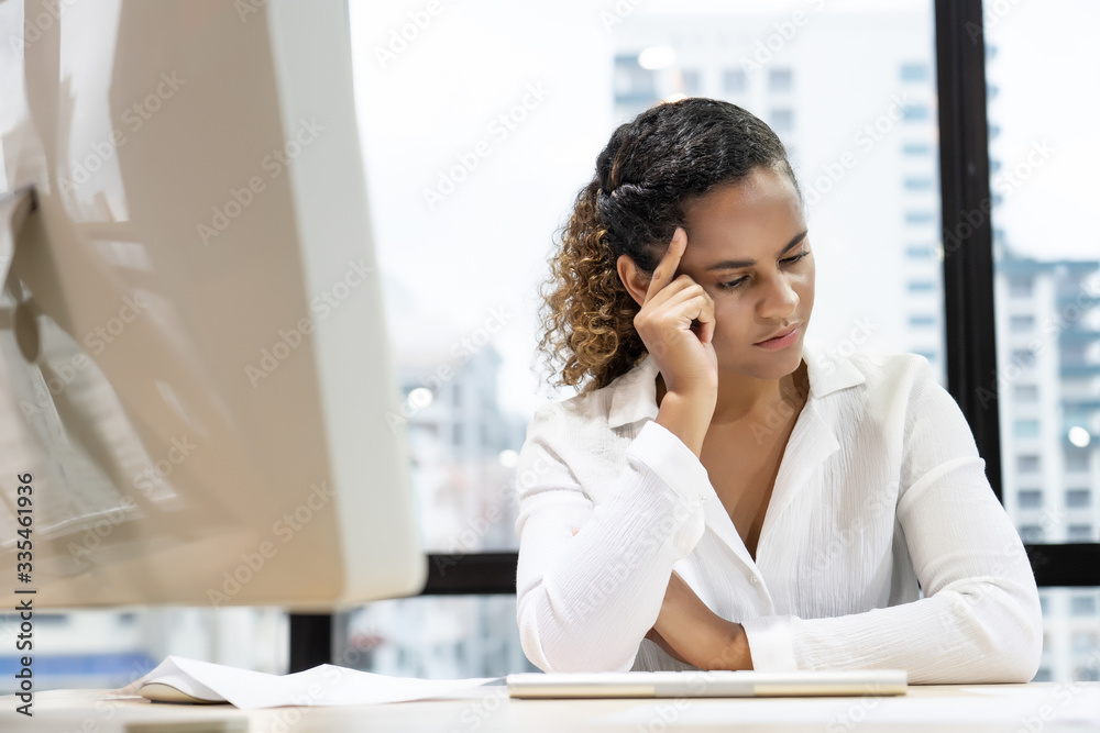 African american woman overtime working thinking and sick after use ...