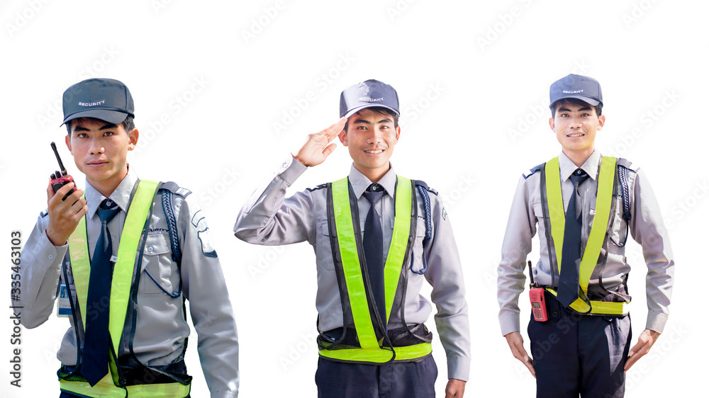 Asian security guard isolated on white background. Male security guard ...