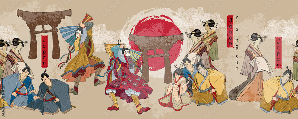 Japanese horizontal seamless pattern. Samurai, red sun and geishas ...
