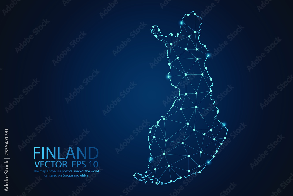 Abstract mesh line and point scales on dark background with map of ...