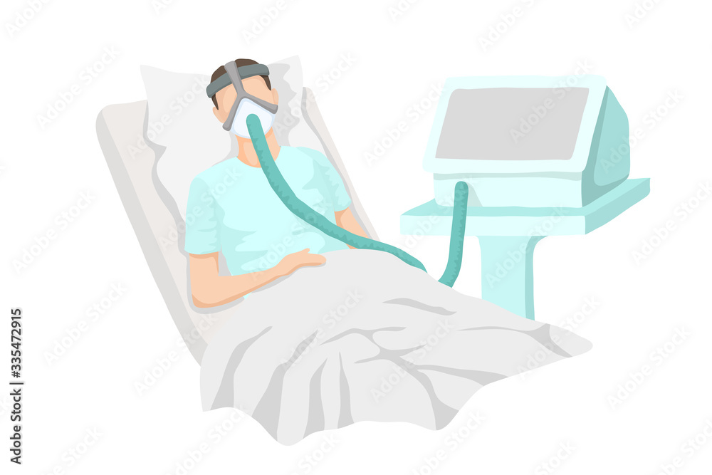 Male patient lying in bed with severe respiratory illness. Connected ...