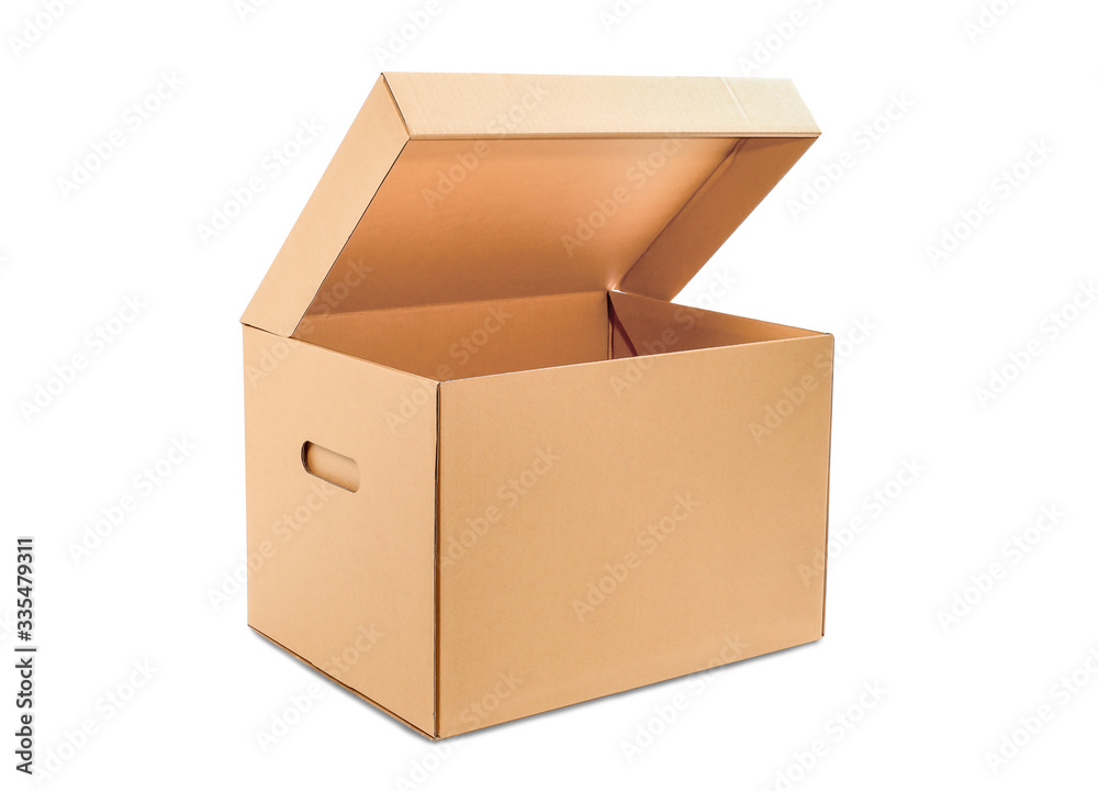 Opened brown cartoon box with clipping path isolated on white ...