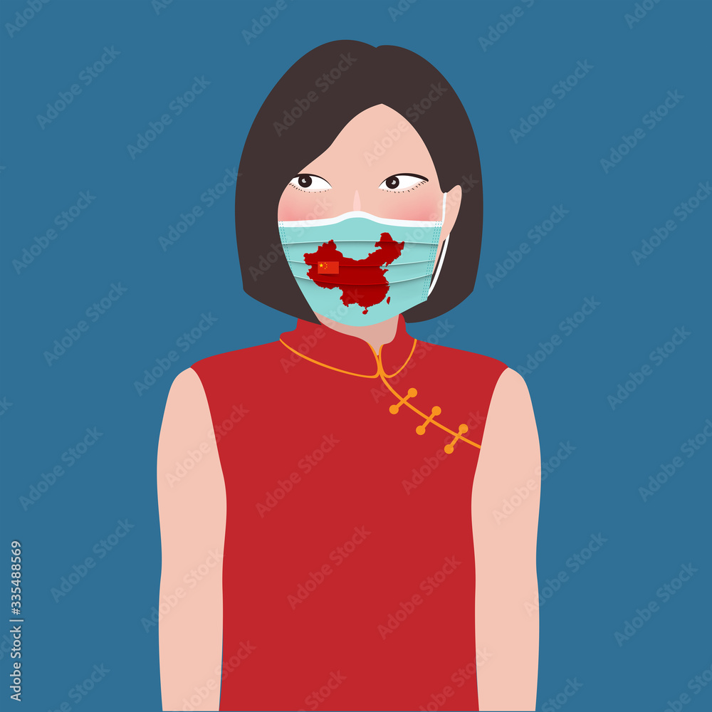 Character of Chinese lady cartoon and wearing medical face mask ...
