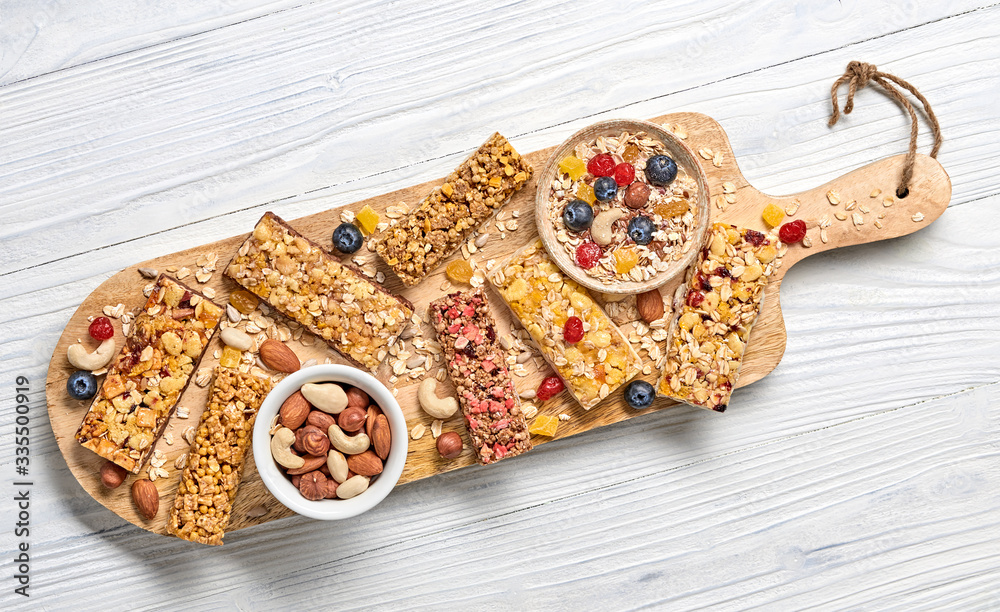 Granola bar with nuts and dry fruit berries. Energy cereal healthy ...