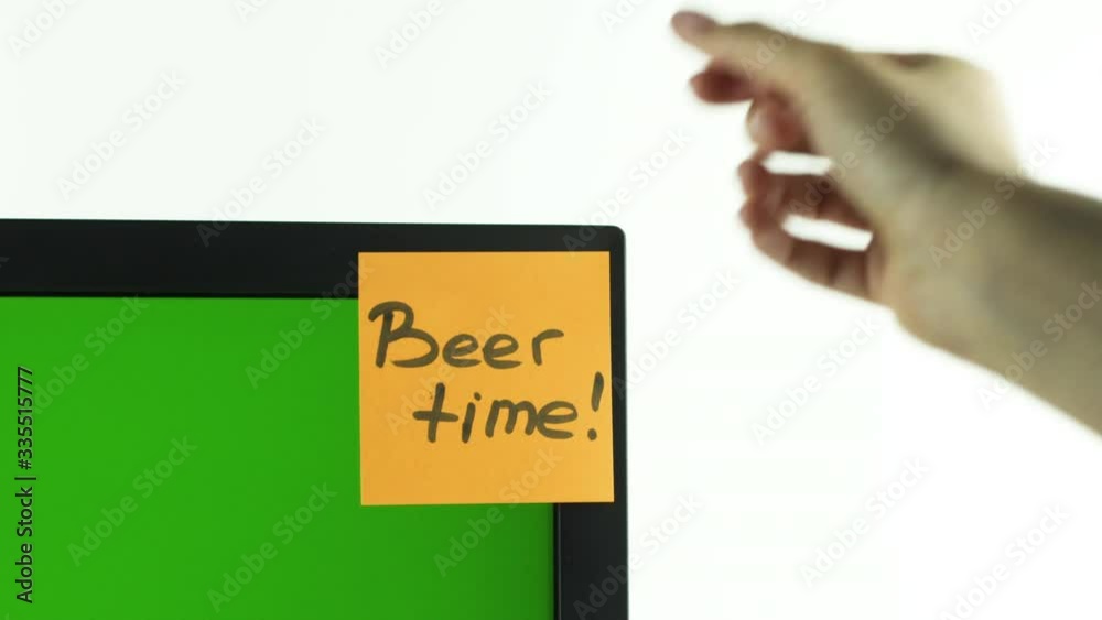 "Beer time" sticker on monitore, chroma key. White background. Office ...
