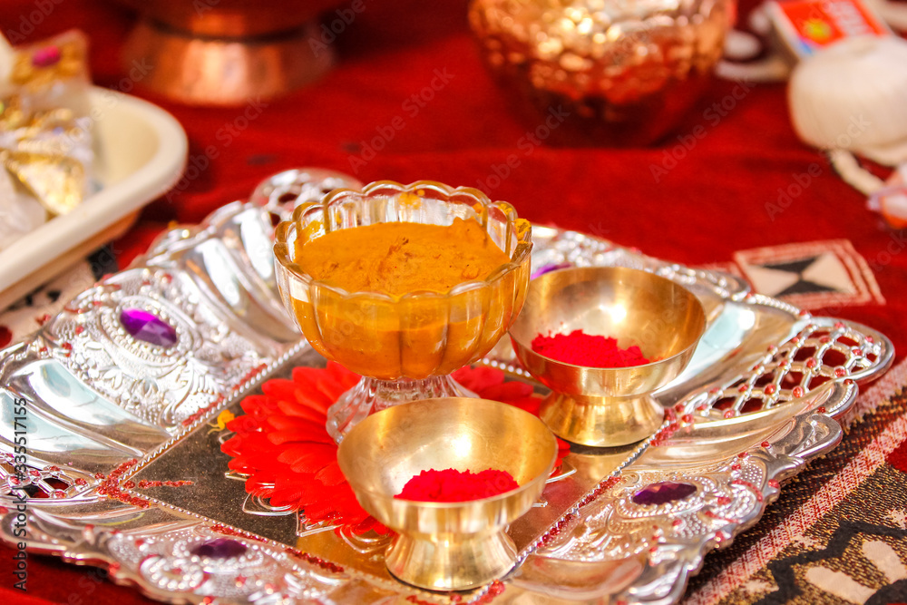 Traditional wedding ceremony in Hinduism: Turmeric in plate for haldi ...