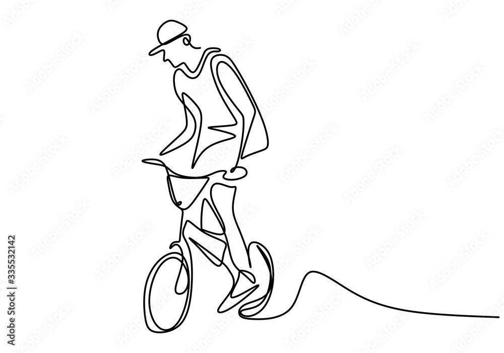 One single line drawing of young bicycle rider performing freestyle ...