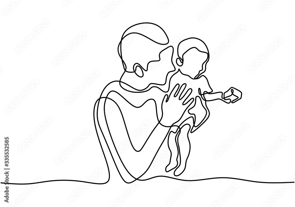 One continuous line drawing of a man with a child. Father and his ...