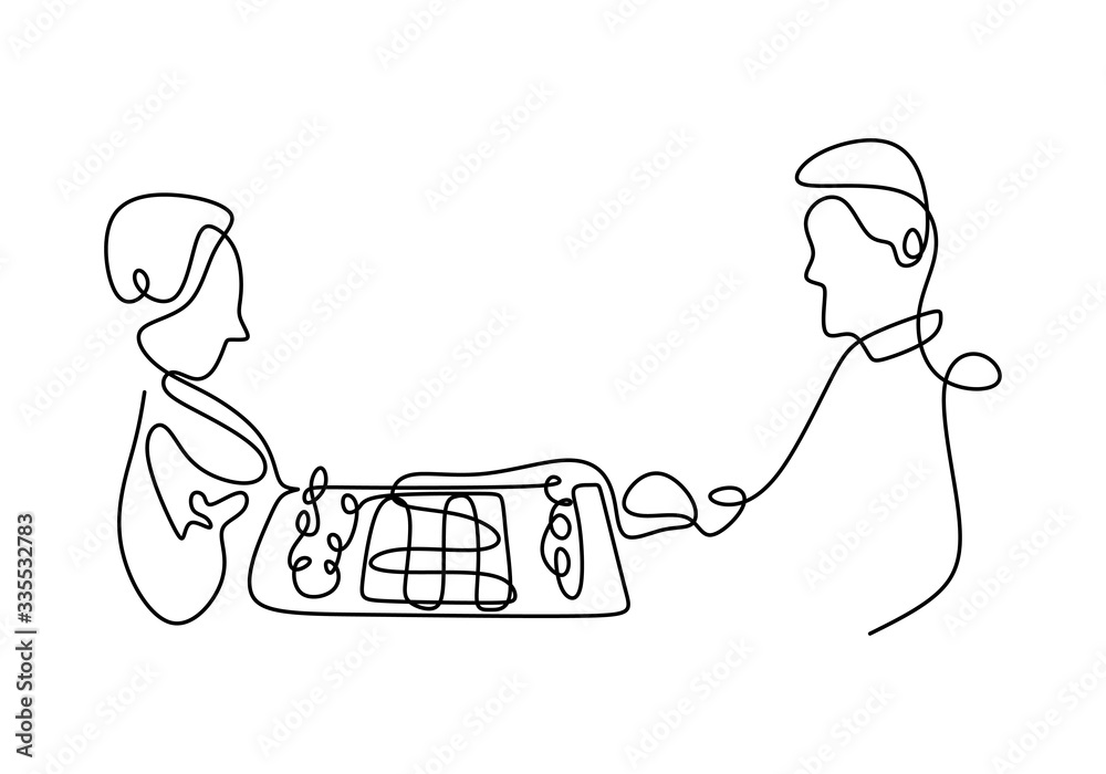 Continuous one line drawing of two people playing chess. Focus to ...