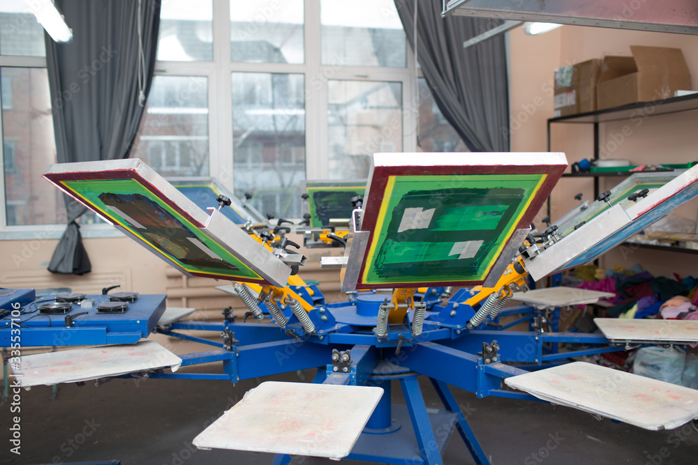 Silk screen printing. Serigraphy. Color paints and fabric. Carousel ...
