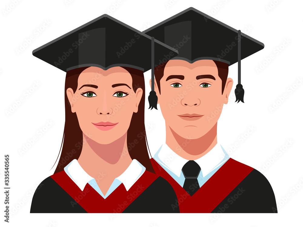 College girl and boy students, university graduates in graduation cap ...
