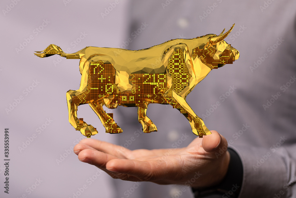 Bull shapes that look like made of origami paper with symbols of stock ...