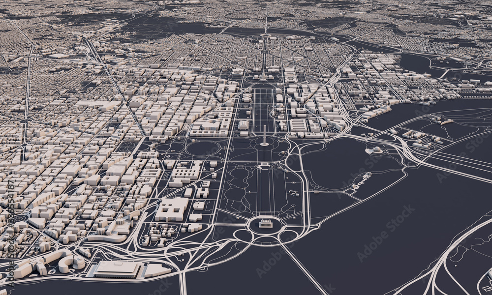 Washington DC city map 3D Rendering. Aerial satellite view. Stock ...
