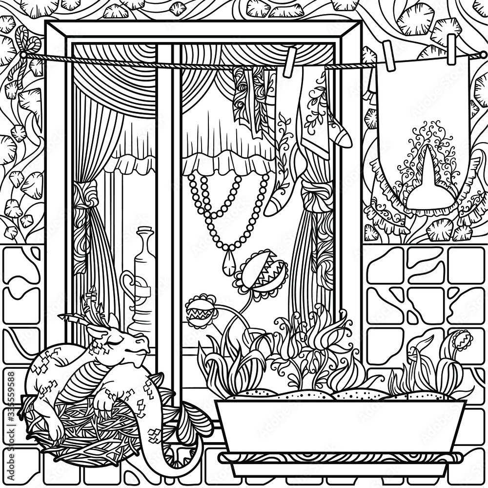 Coloring page for adults with neighbor window with dragon nest and ...