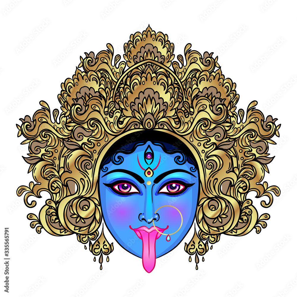 Portrait Of Indian Hindi Goddess Kali Female Blue Head With Open Moth And Out Stuck Tongue
