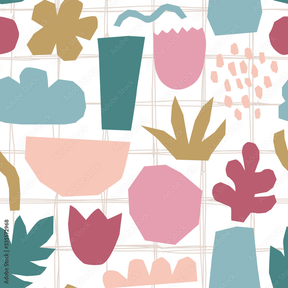 Paper cut out shapes pattern on check bakground. Contemporary trendy ...