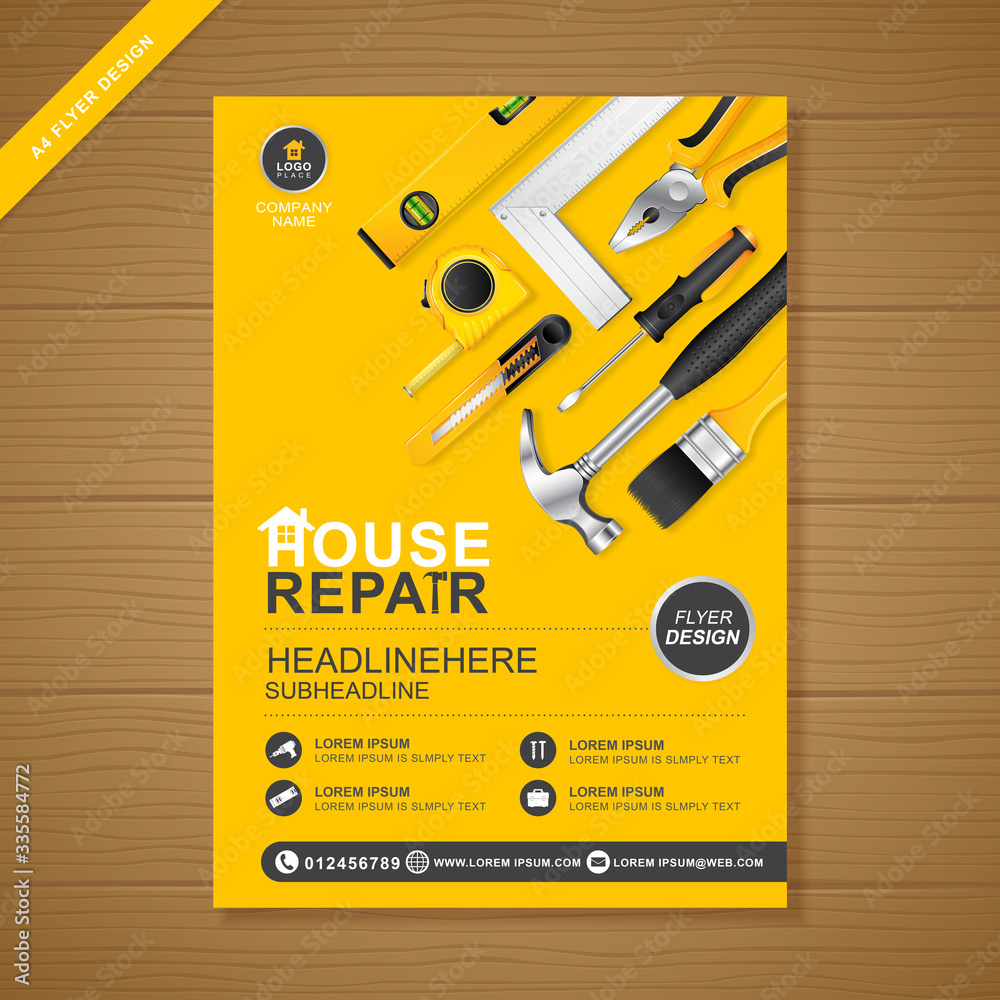 construction tools cover A4 template for a report and brochure design ...