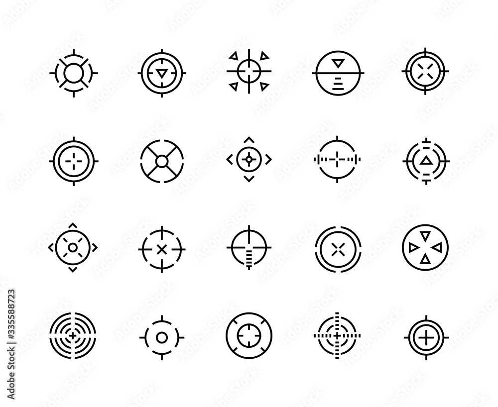 Target line icons. Aim for sniper shot, military sign and shooter game ...