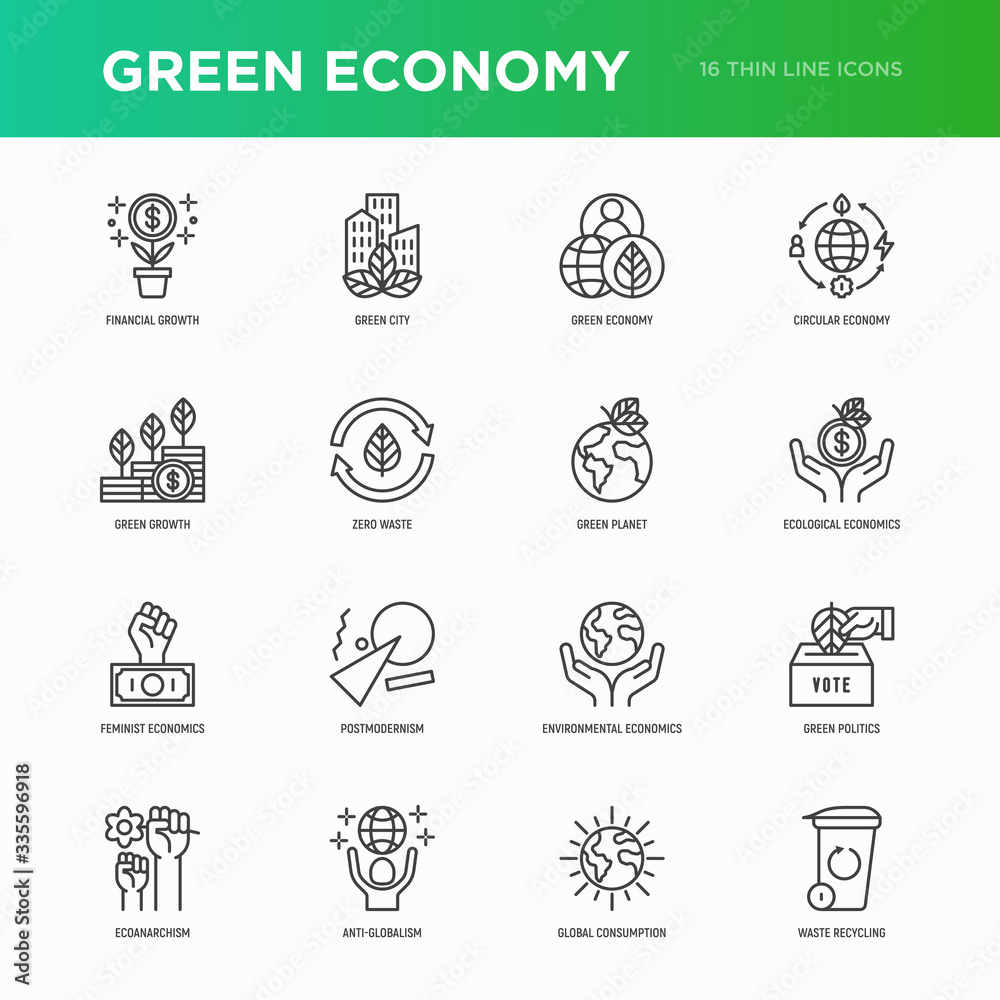 Green Economy Thin Line Icons Set Financial Growth Green City Zero