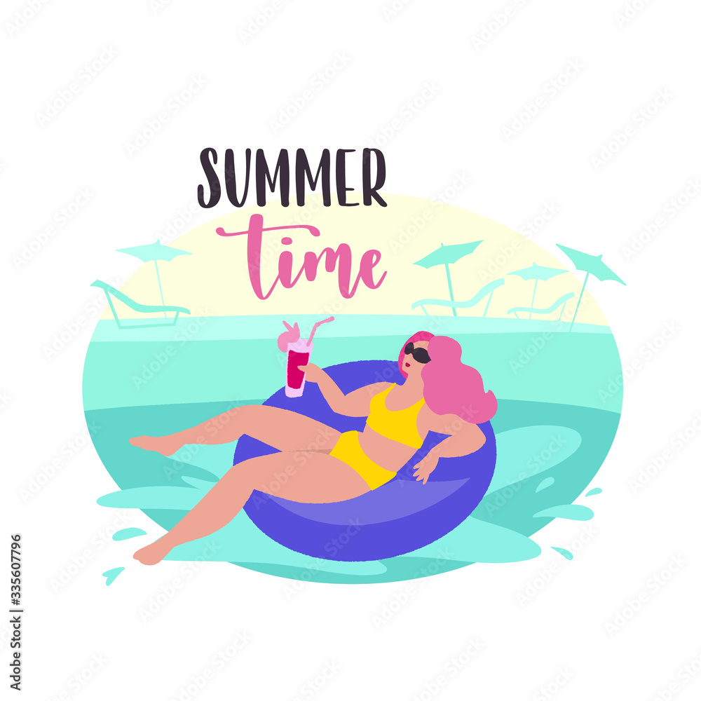 Summer time. Handwritten lettering quote and cartoon flat style ...