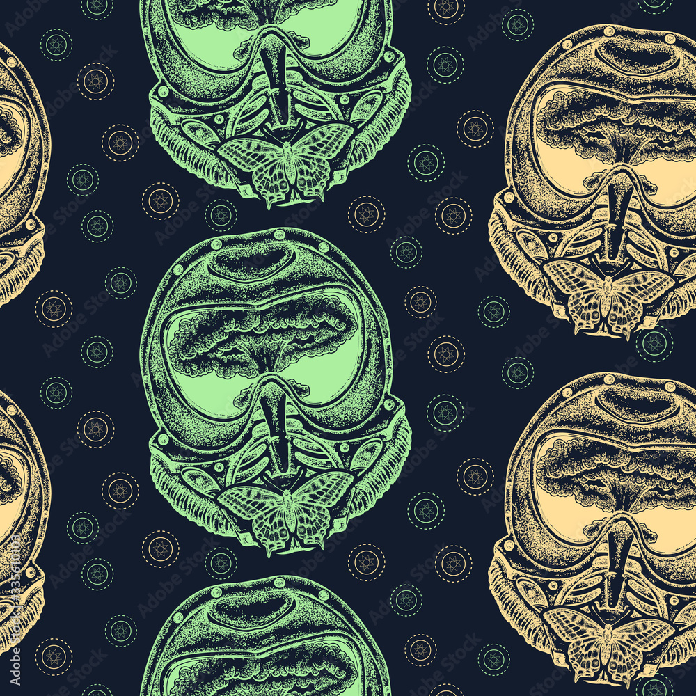Gas mask and nuclear explosion. Seamless pattern. Packing old paper ...