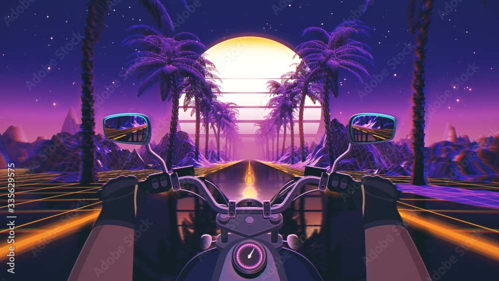 80s retro futuristic sci-fi background with motorcycle pov. Riding in ...