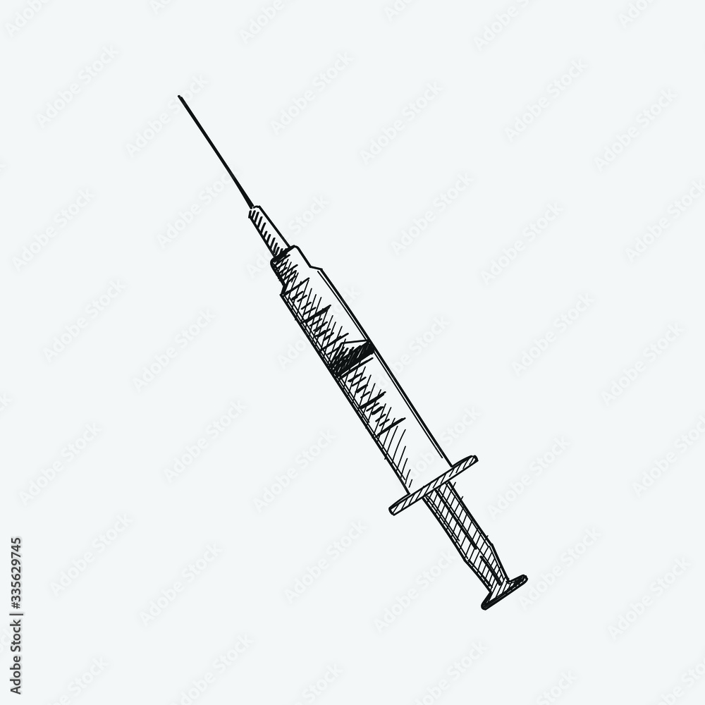 Hand-drawn sketch of half full combined needle and syringe. Medical ...